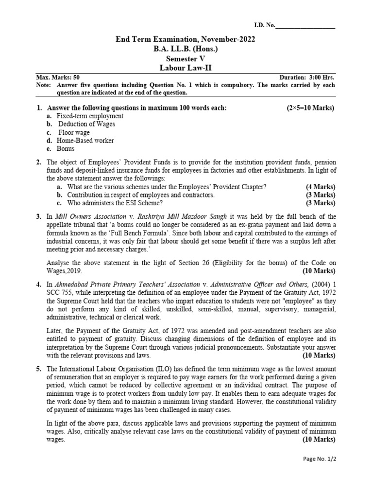 Labour Law II Exam Questions 2022 | PDF | Employment | Wage