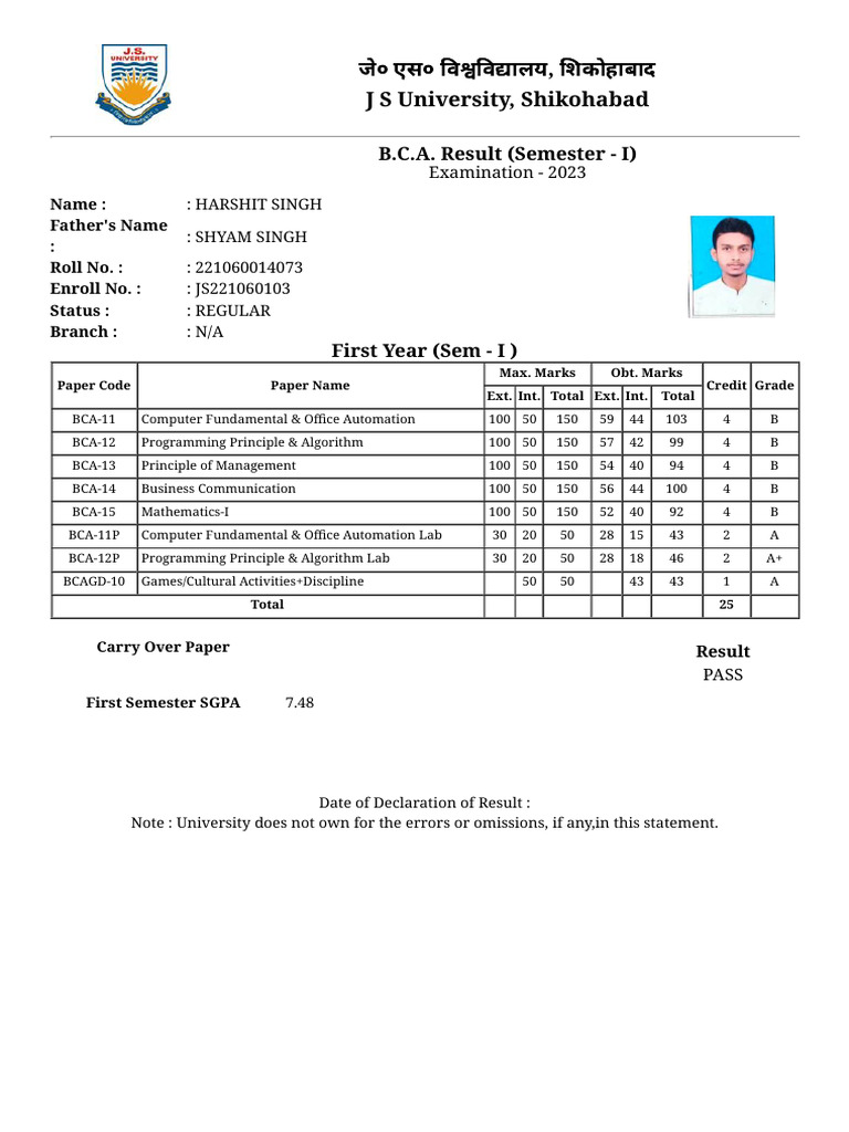 BCA First Semester Result - Blank | PDF