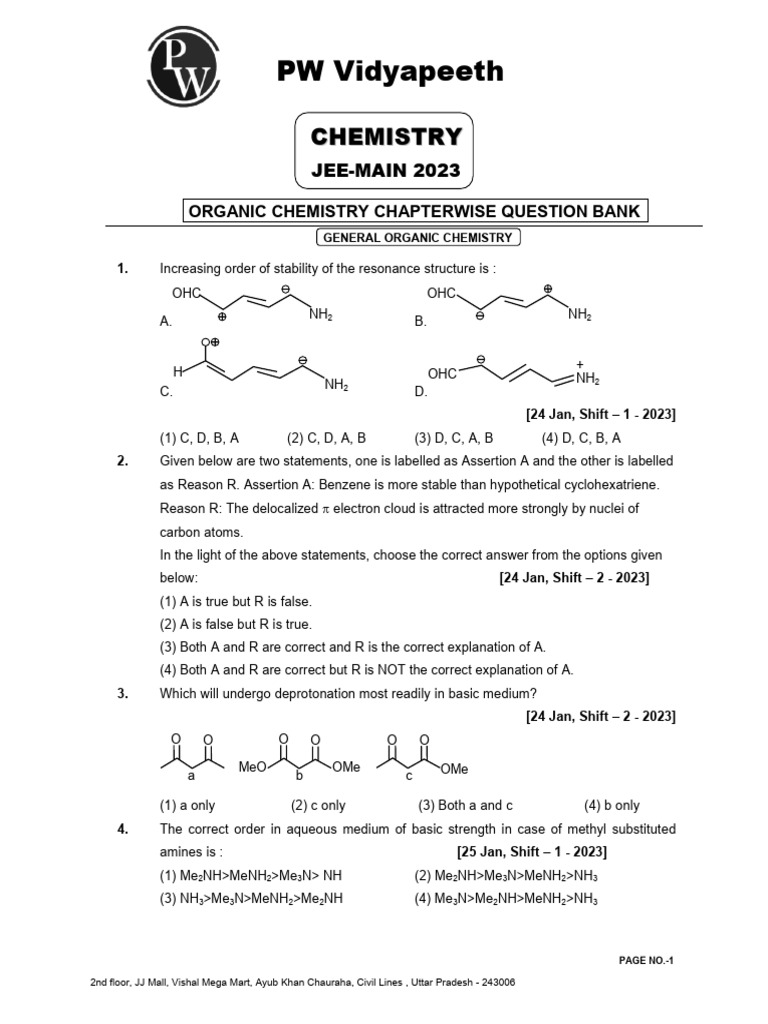 3 Organic Chemistry JEE Main 2023 Chapterwise PYQs | PDF | Amine ...