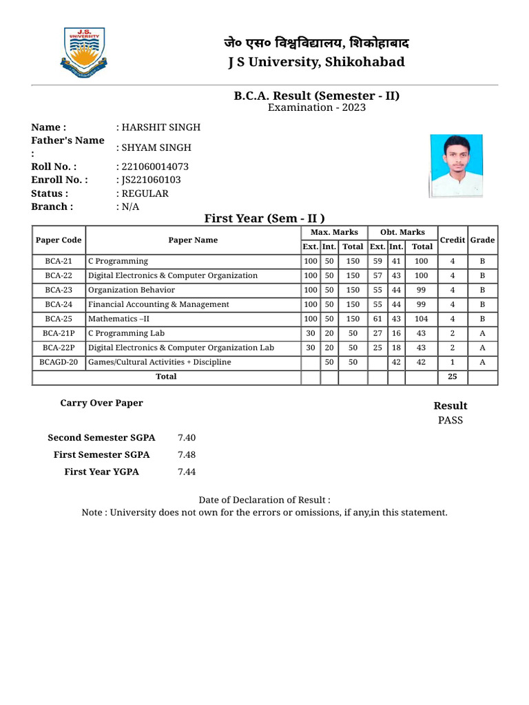 BCA 2nd Semester Result | PDF