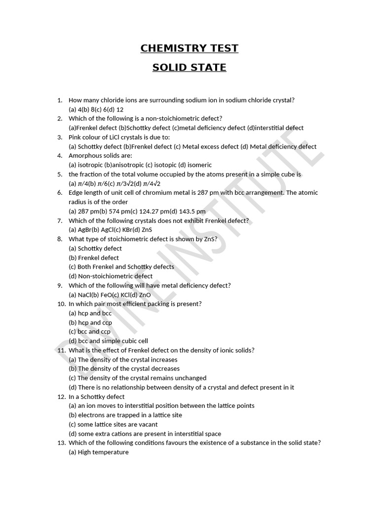 12TH Solid State MCQ Chemistry Test | PDF | Crystal Structure | Crystal