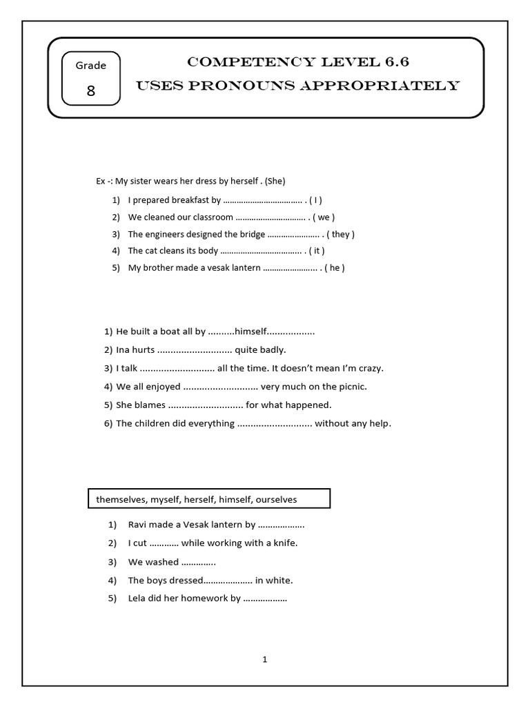English - Grade 8 - Competency 6.6 - Pronouns Worksheet | PDF