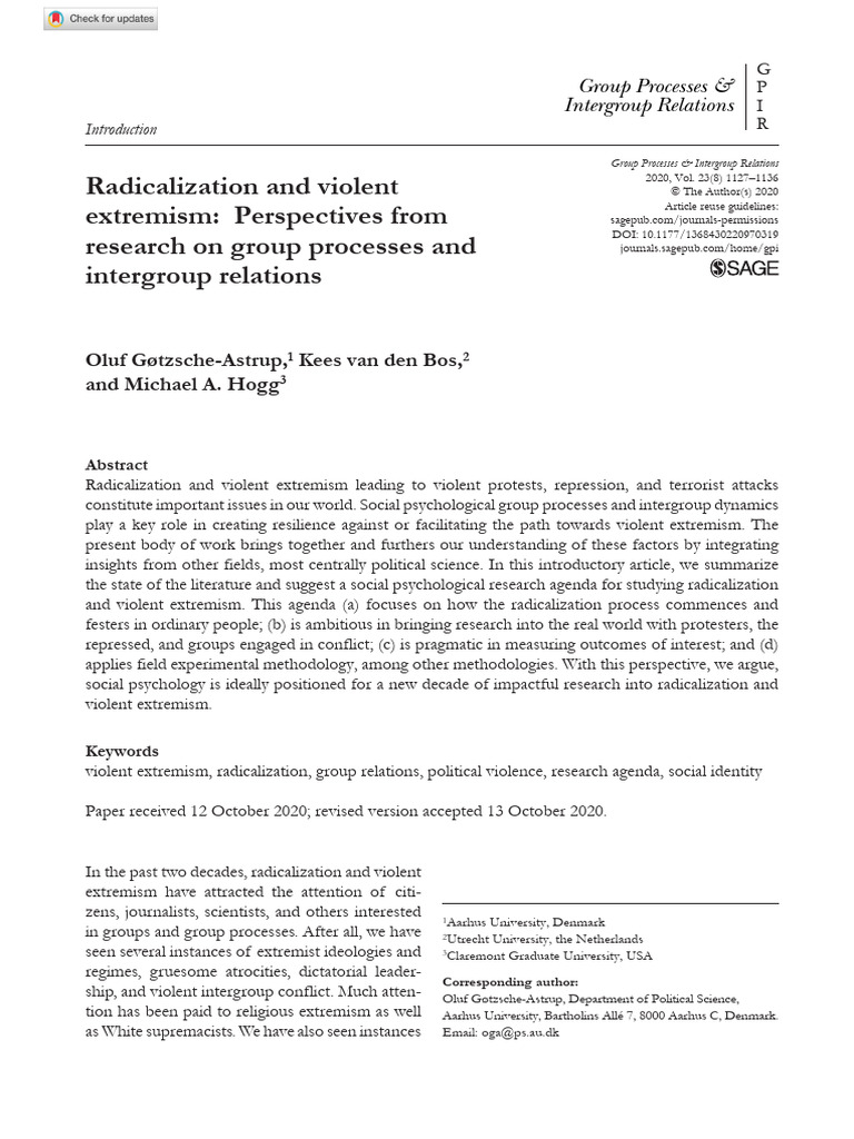 Gotzsche Astrup Et Al 2020 Radicalization and Violent Extremism Perspectives From Research On ...