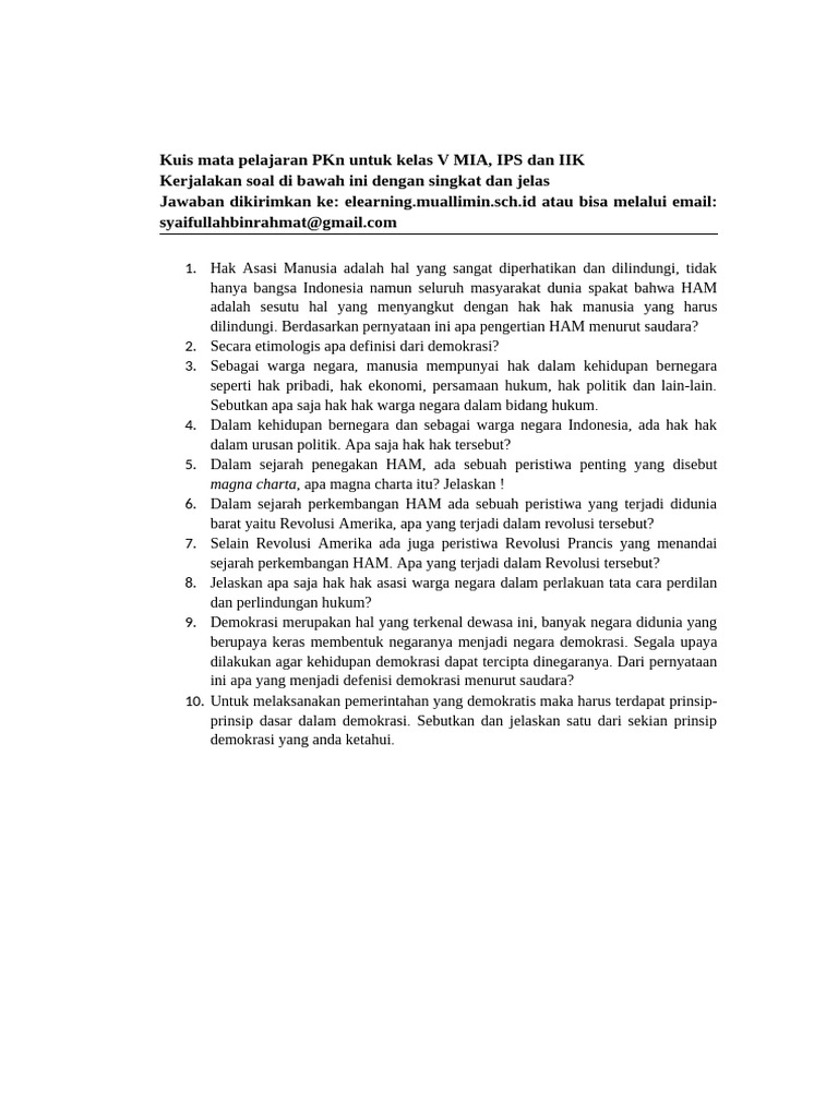 Kuis mata pelajaran PKn untuk kelas V MIA, IIS dan IIK - Copy | PDF