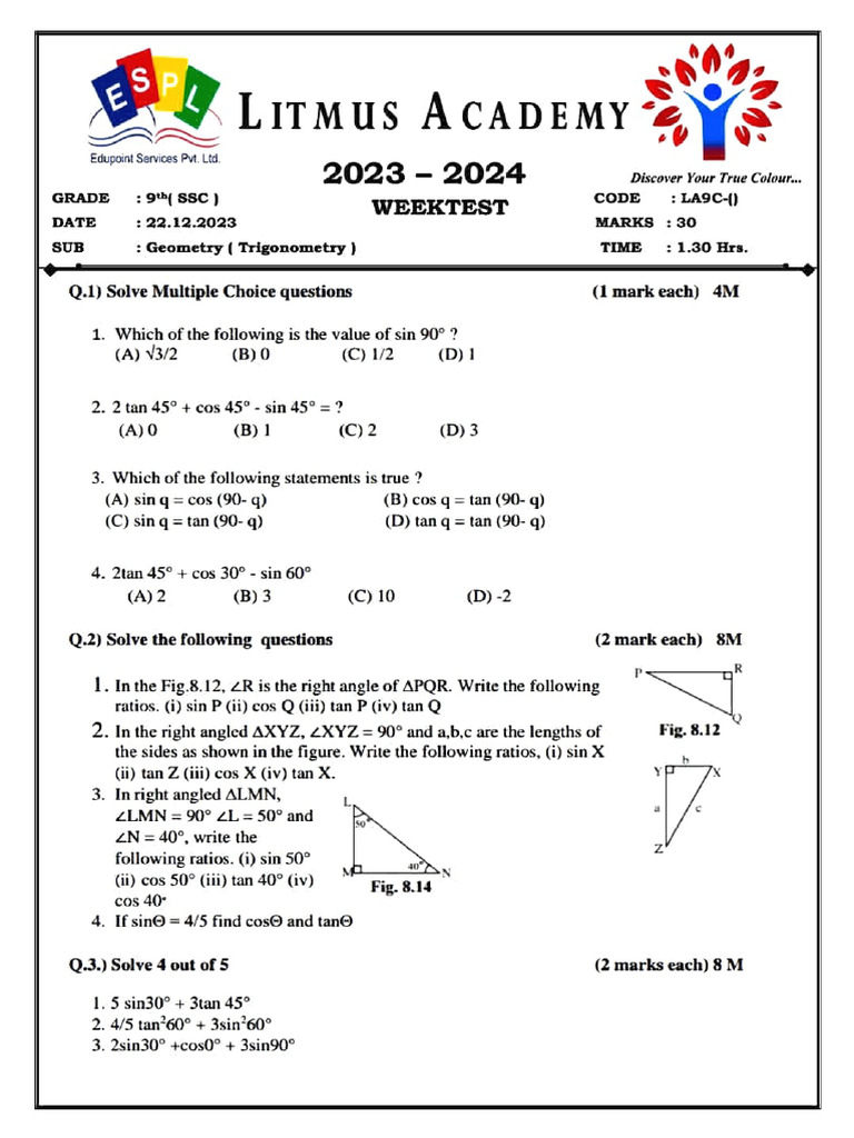 9TH SSC Trigonometry Paper | PDF | Trigonometry | Trigonometric Functions