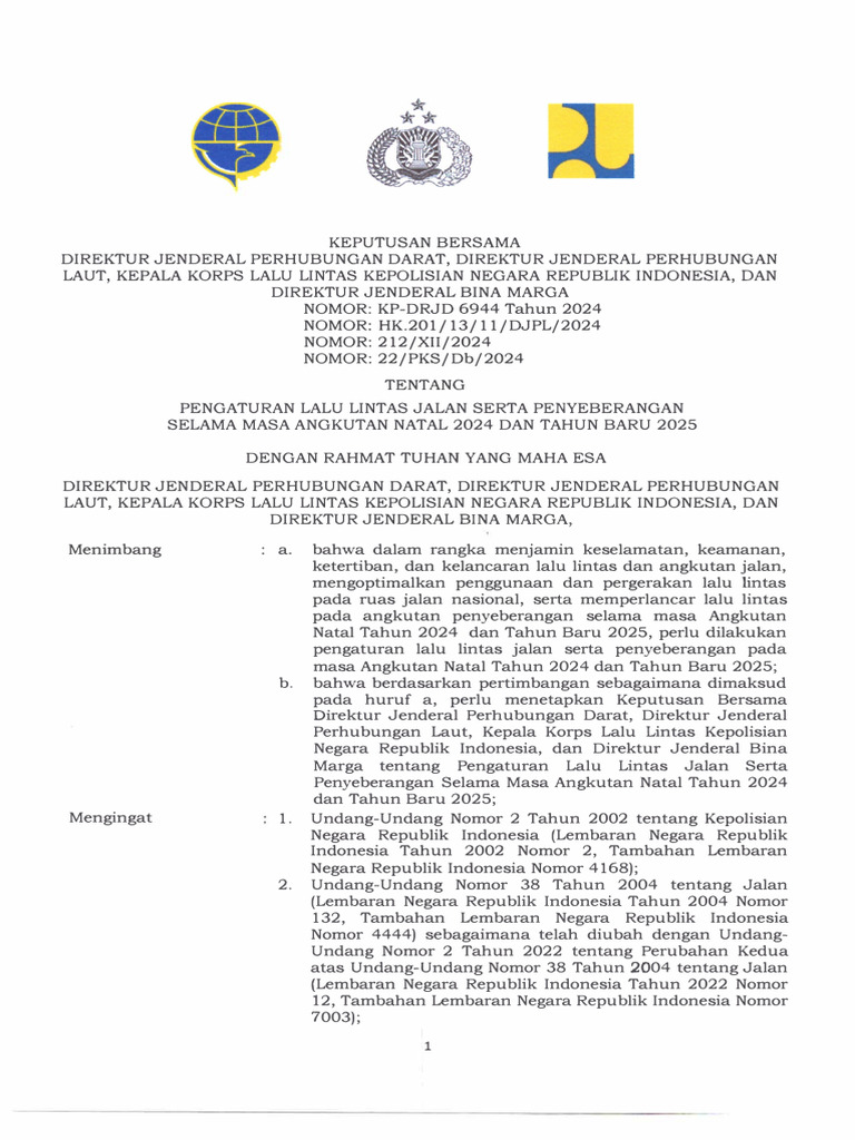 SKB Pengaturan Lalu Lintas Dan Penyeberangan Nataru 2024 2025 | PDF