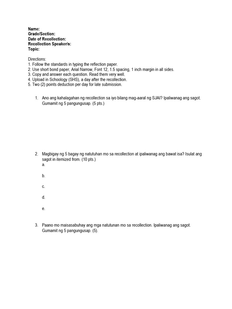 Recollection Form SHS | PDF