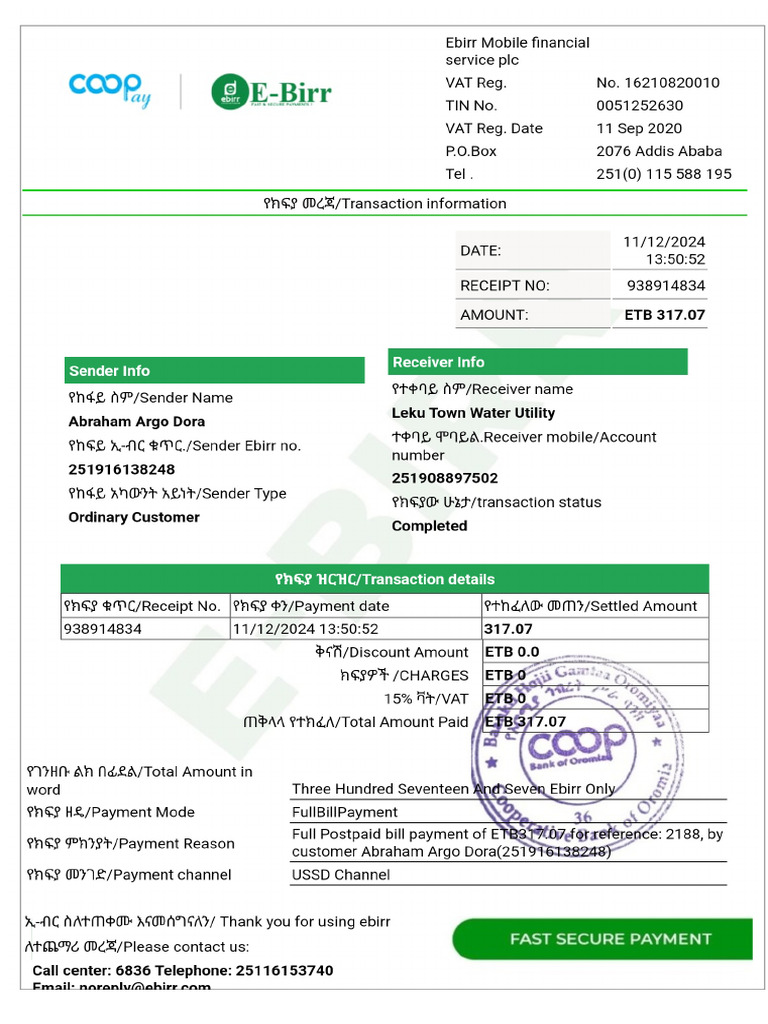 Ebirr - Send Money To Registered Customer | PDF