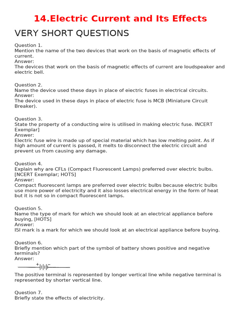 Electric Current and Its Effect Extra Questions | PDF | Compact ...