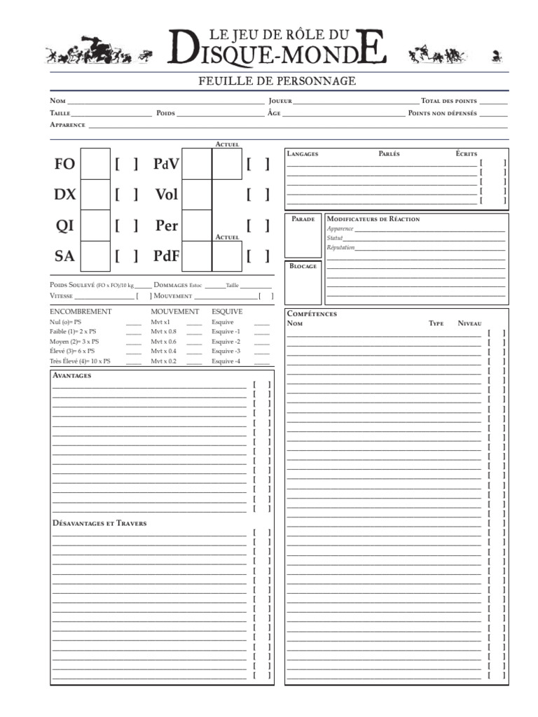 Discworld RPG Character Sheet FR | PDF