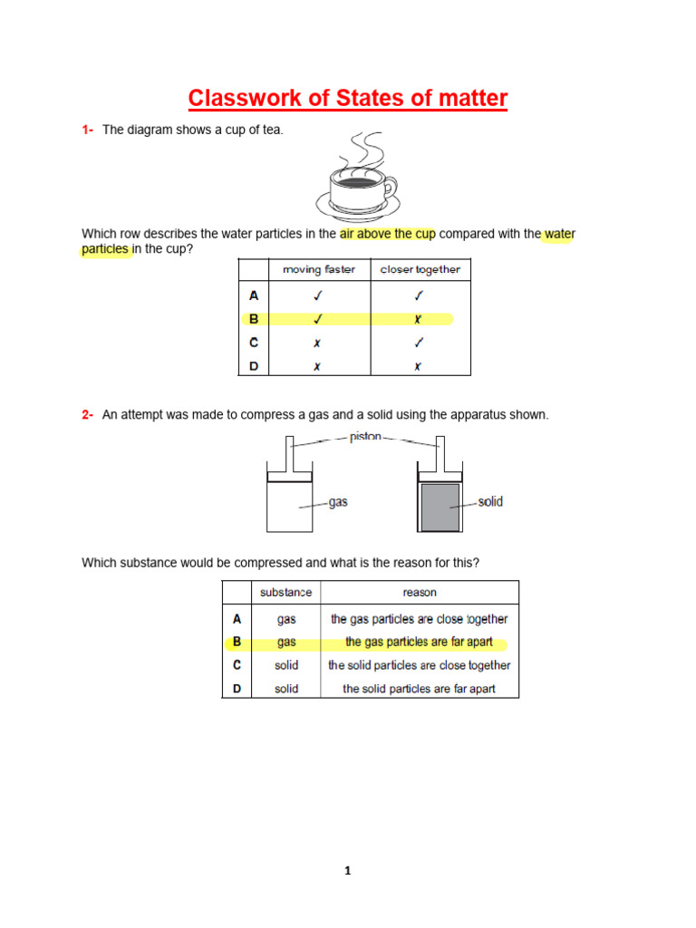 Classwork States of Matter | PDF | Gases | Water