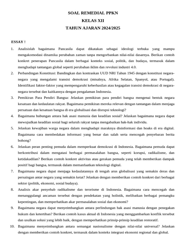 Soal Remedial PPKN Kelas Xii | PDF