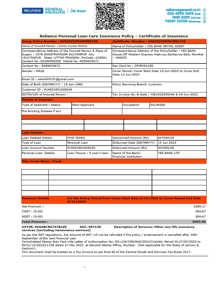Personal Loan Policy Schedule | PDF | Insurance | Financial Services