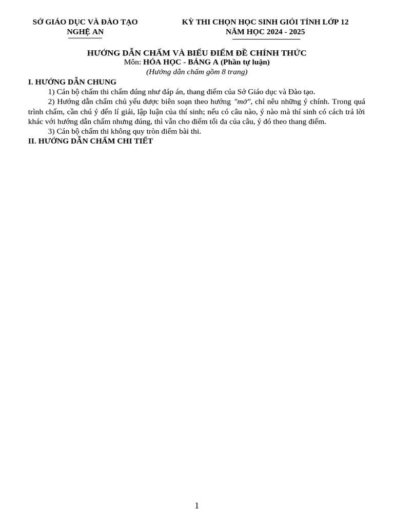 HDC Hsg 12 Hoa Hoc 2024 Bang A - Tự Luận | PDF