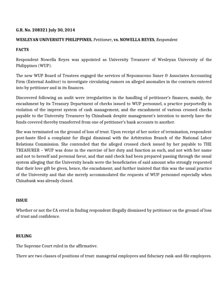 Wesleyan University Philippines V Reyes | PDF | Fiduciary | Common Law