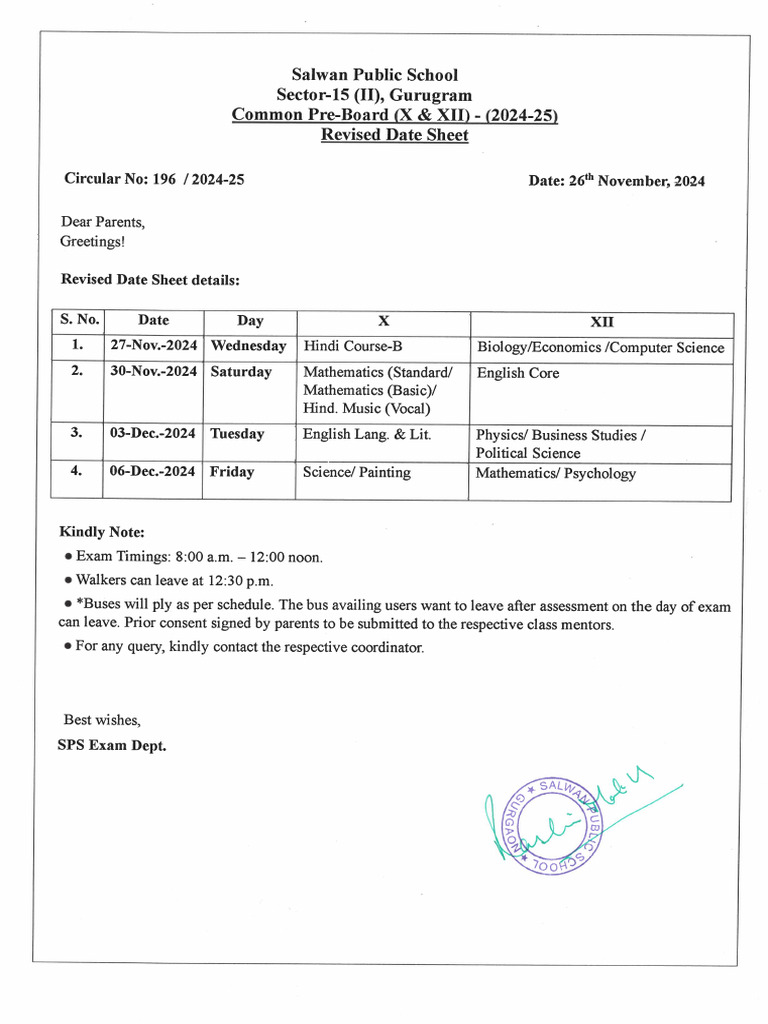 Revised Date Sheet For CPB X and XII | PDF