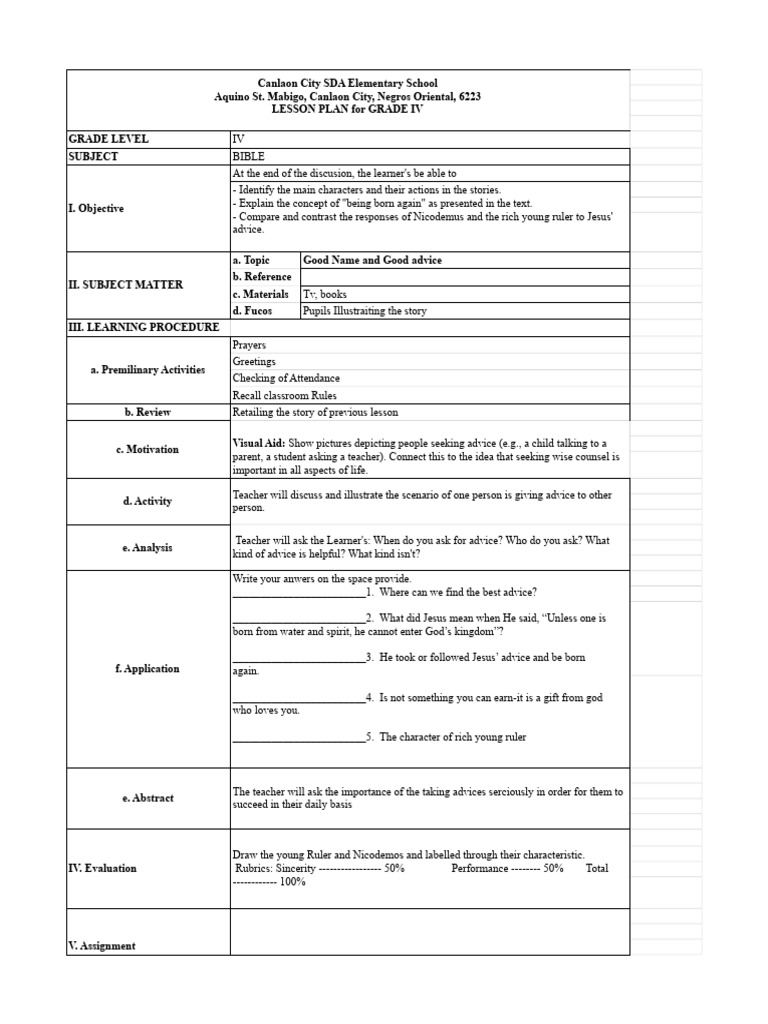 Bible Lesson Plan - Sheet1 | PDF | Lesson Plan | Teachers