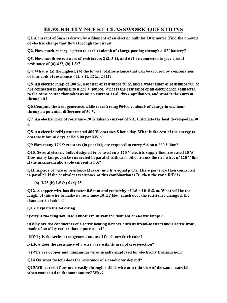 X_ELECTRICITY_PHYSICS_CLASSWORK | PDF | Electrical Resistance And Conductance | Series And ...