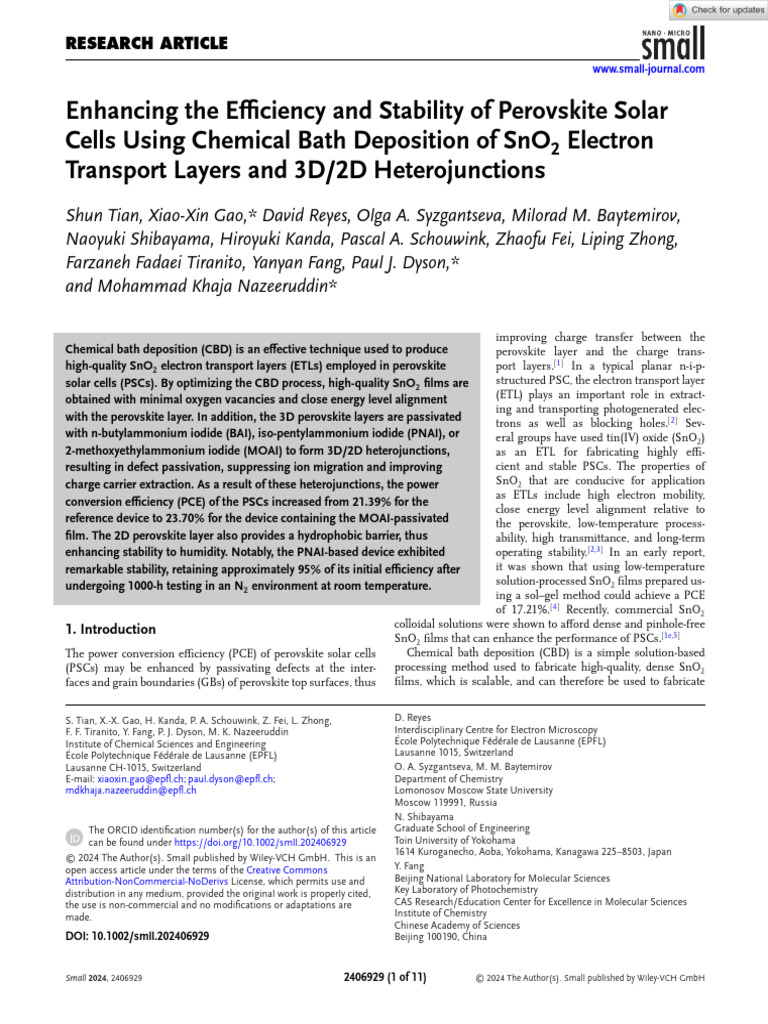 Small - 2024 - Tian - Enhancing The Efficiency and Stability of ...