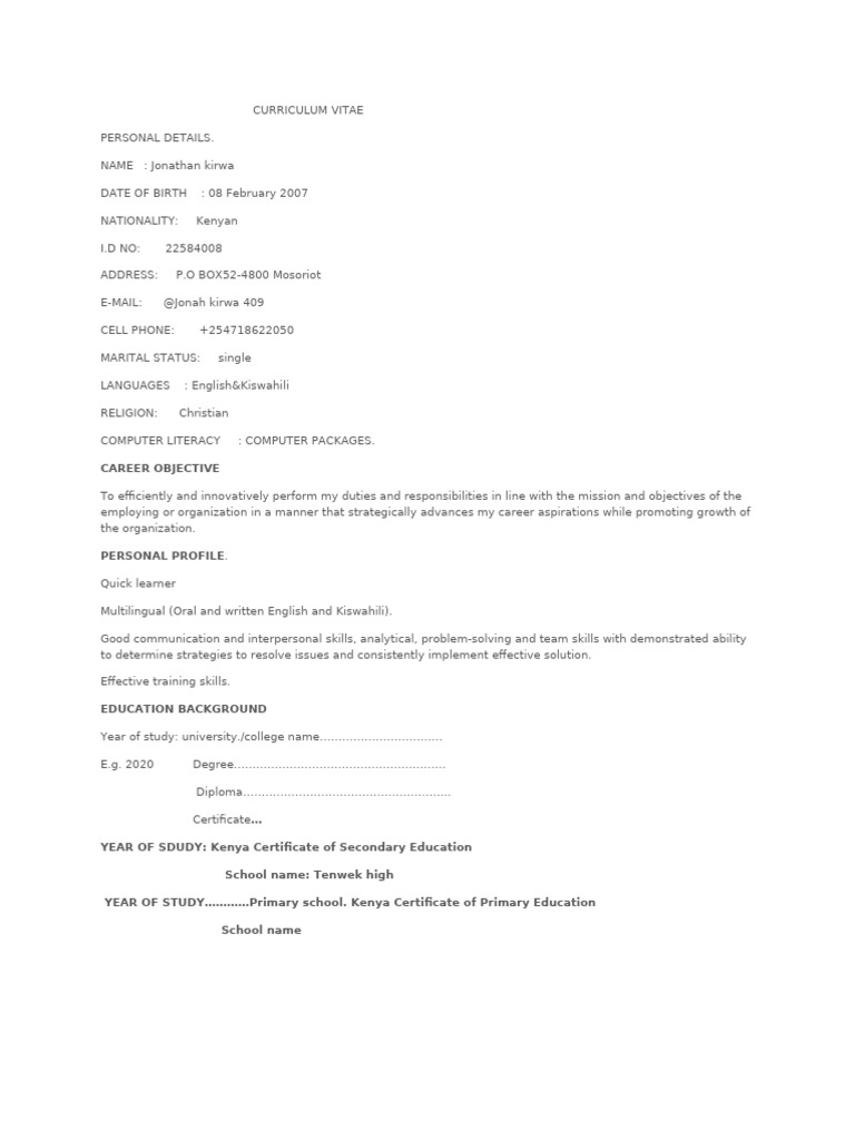Young Kenyan Job Seeker CV | PDF