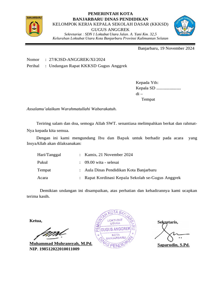 Undangan K3SD Gugus Anggrek 21 November 2024 | PDF