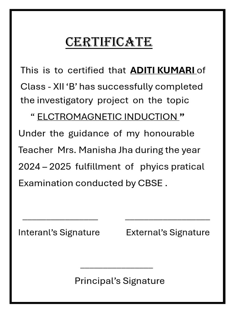 Electromagnetic Induction Project Certificate | PDF