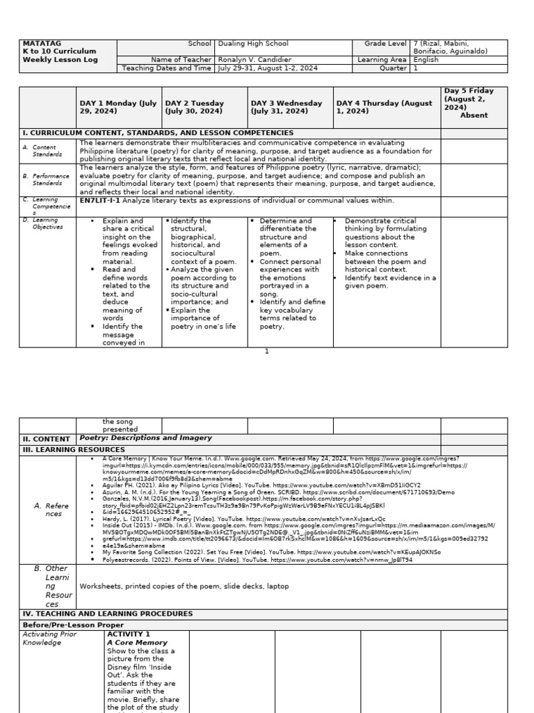 MATATAG-LP-Q1-WEEK-1 | PDF | Poetry | Feeling