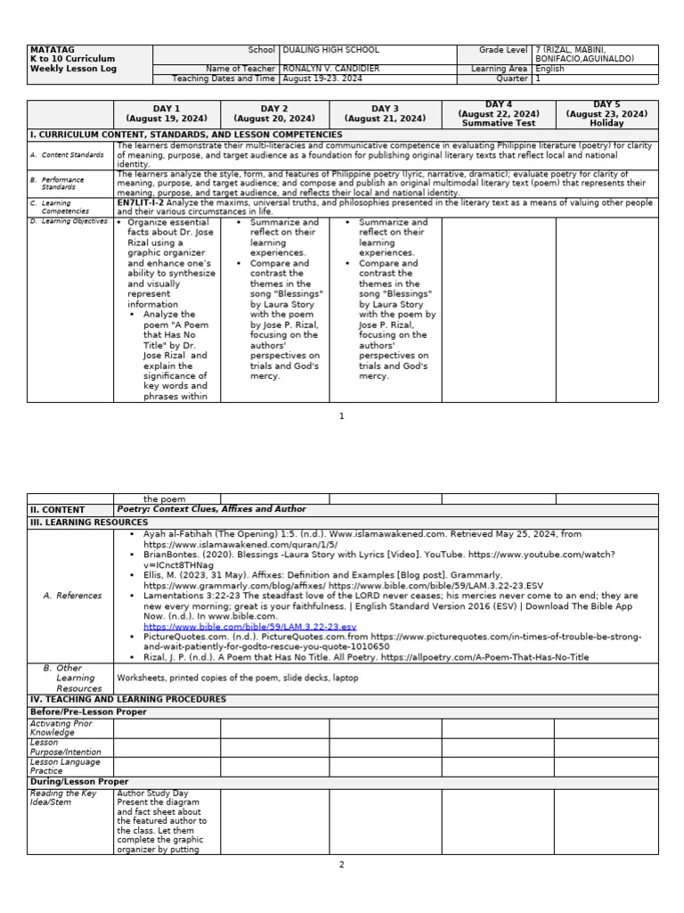 MATATAG-LP-Q1-WEEK-3 Continuation | PDF | Poetry | English Standard Version