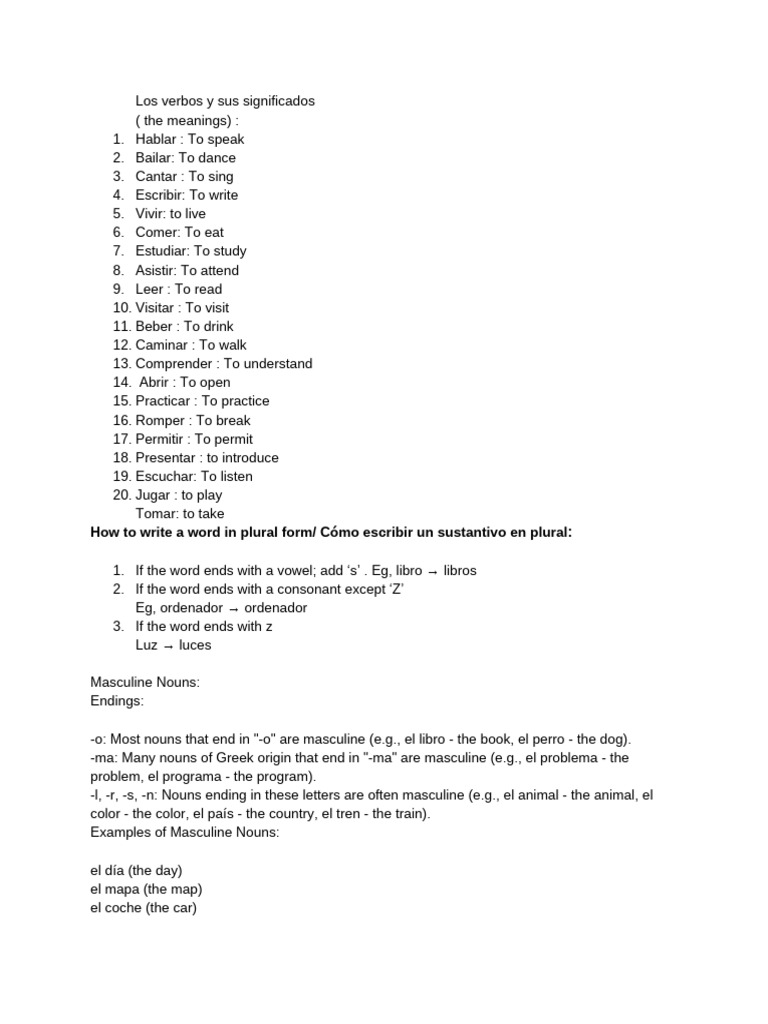 Spanish Basic Vocabulary | PDF | Grammatical Gender | Syntax