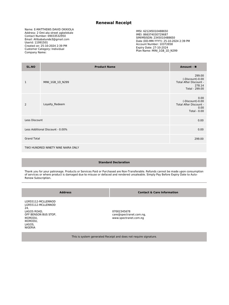 Renewal Receipt for MINI 1GB Plan | PDF | Mobile Telecommunications | Mobile Technology