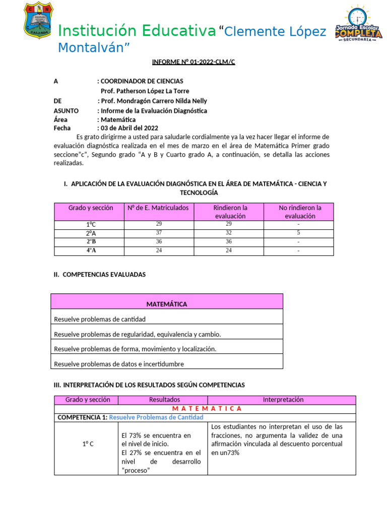 1 Informe EvaluaciÓn DiagnÓstica Matem Mondragon Pdf Ecuaciones 4848