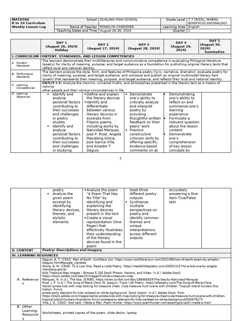 Matatag LP q1 Week 4 | PDF | Poetry