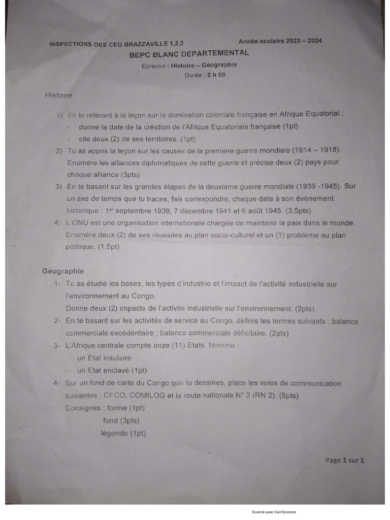 Sujet BEPC - Blanc - Brazzaville - 2024 | PDF