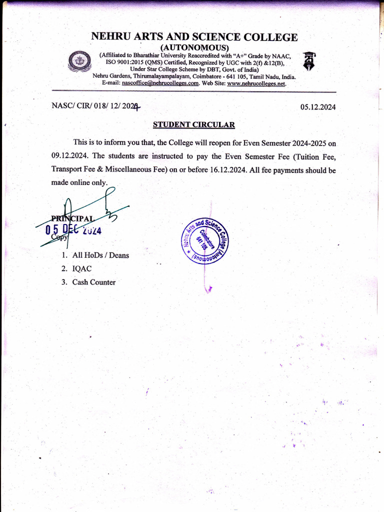 Student Circular-College Reopen For Even Semester 2024-25-1 | PDF