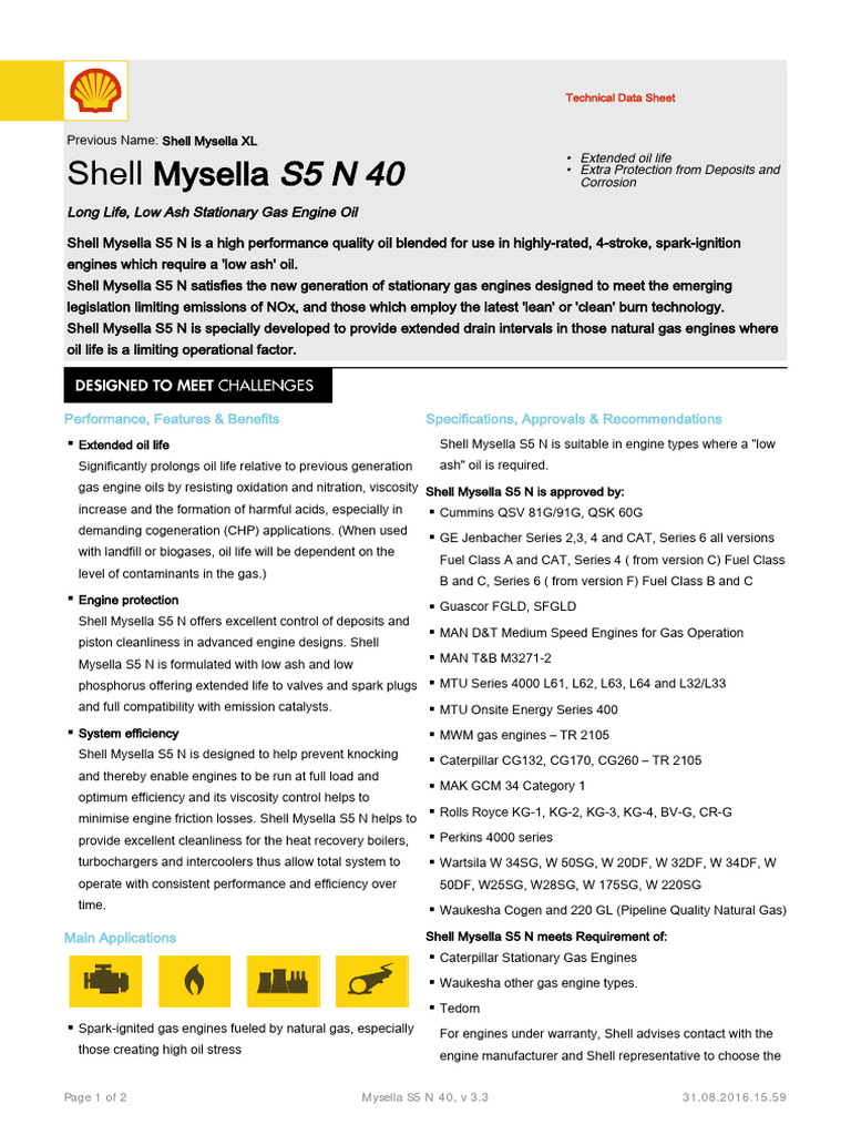 Shell Mysella S5 N 40 Datasheet | PDF | Motor Oil | Engines