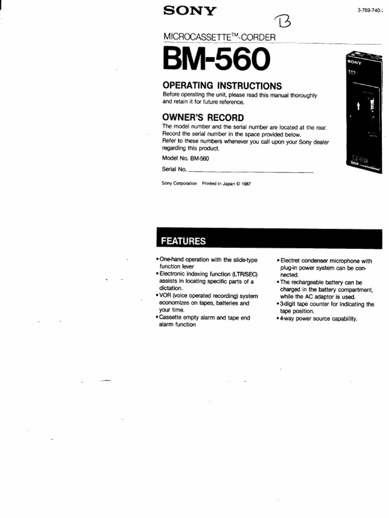 Sony BM-560 Voice Recorder Manual | PDF