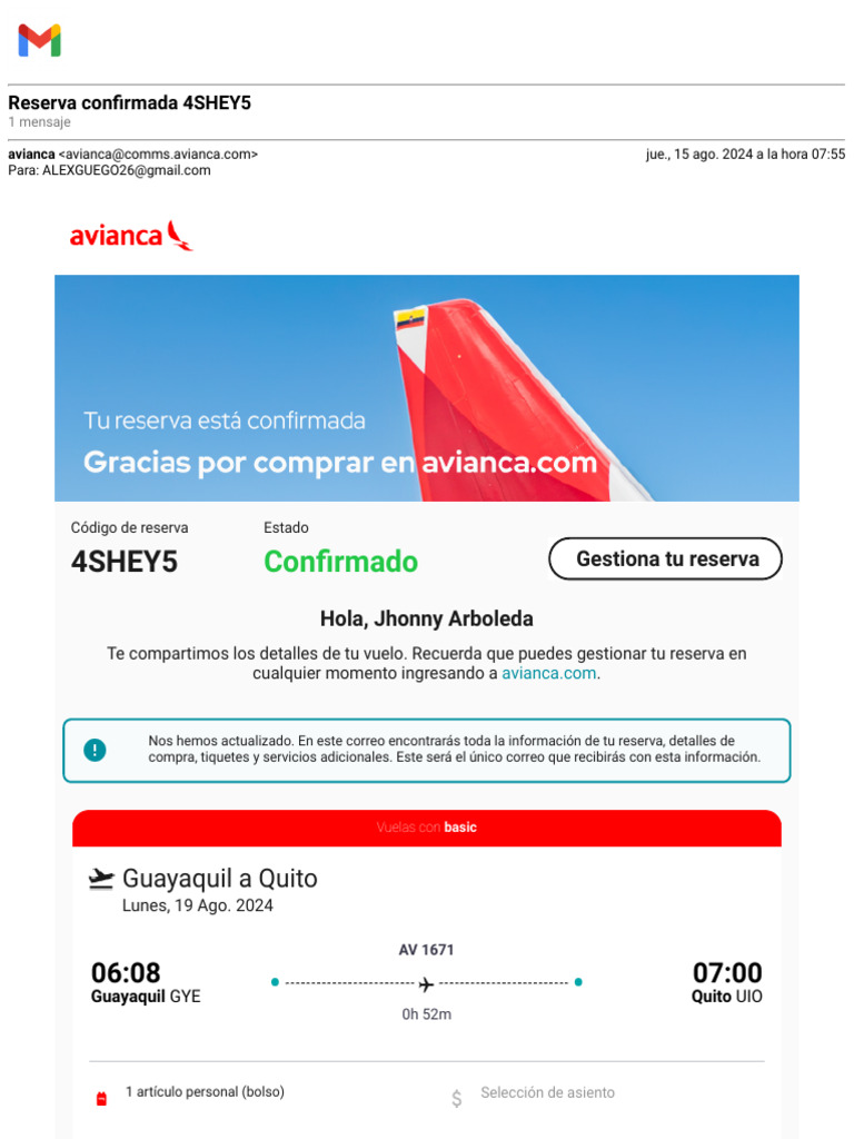 Gmail - Reserva Confirmada 4SHEY5 | PDF | aerolíneas | Aviación