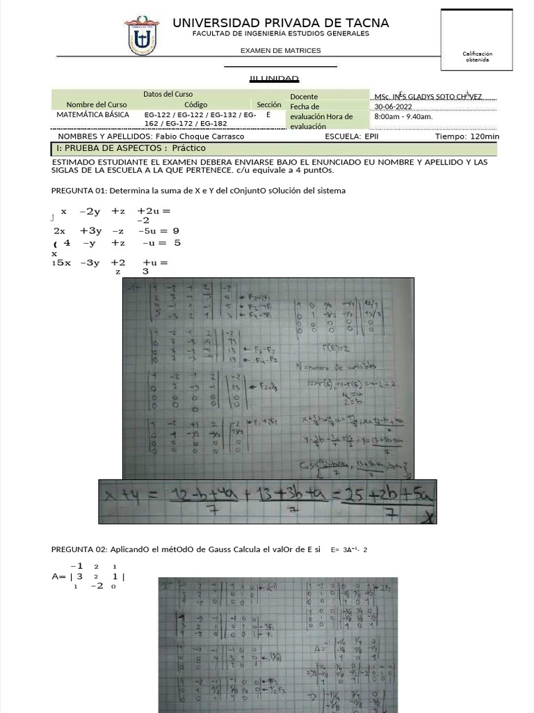 Examen de Matrices UPT 2022 | PDF | Algoritmos | Álgebra