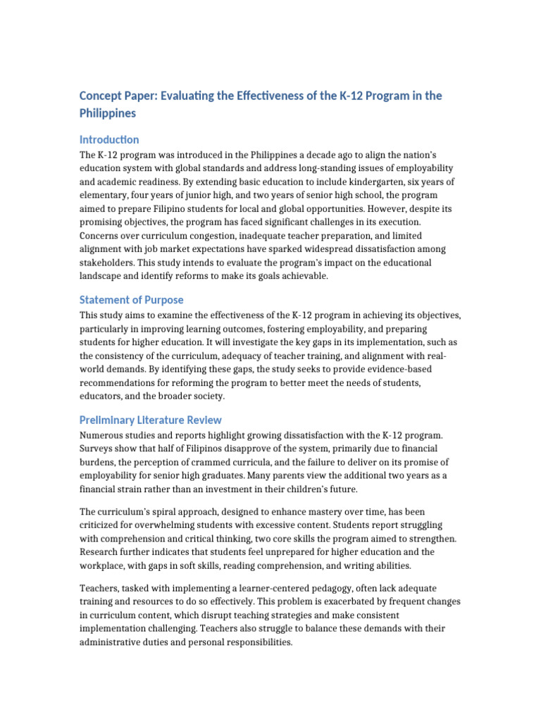 Concept Paper K12 Program | PDF | Curriculum | Teachers