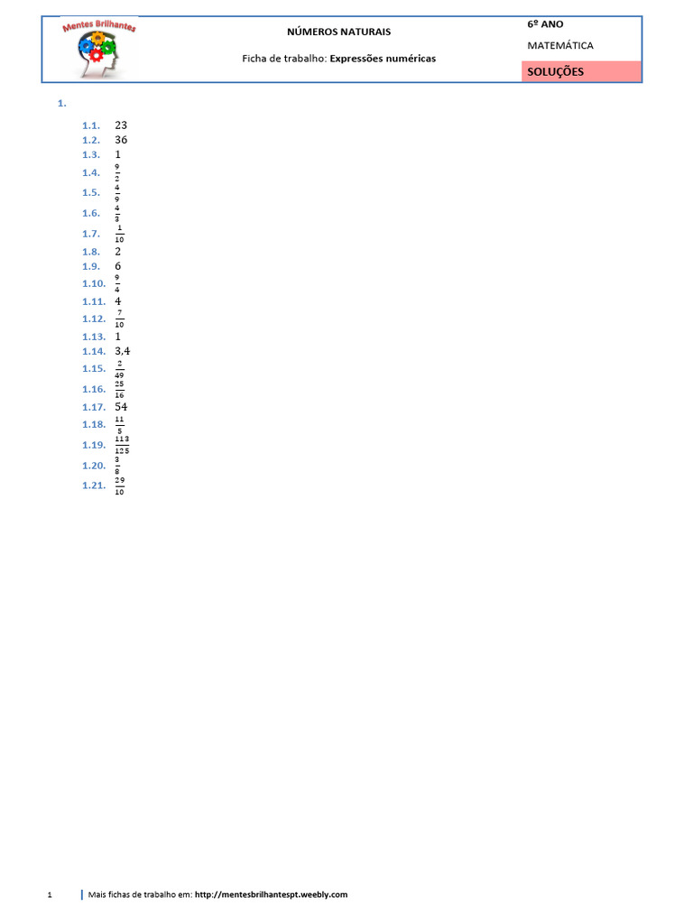 Soluções de Expressões Numéricas 6º Ano | PDF