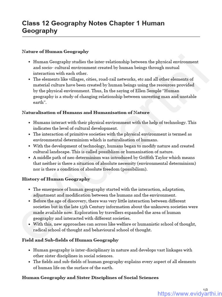 Notes Chapter 1 Human Geography | PDF | Geography | Natural Environment