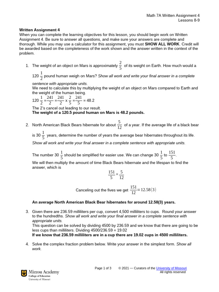 7A Assignment 4 (Lessons 8-9) | PDF | Weight | Mathematics