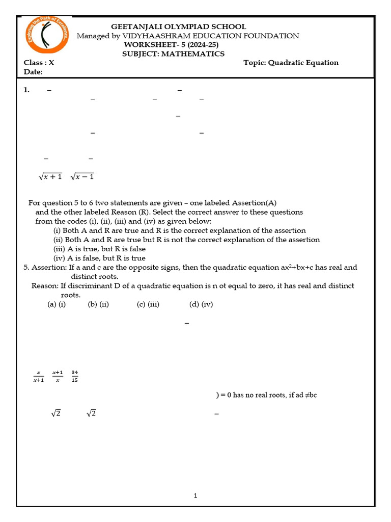 Grade 10 -MATH-WS--5-Quadratic Equation | PDF | Mathematics | Algebra