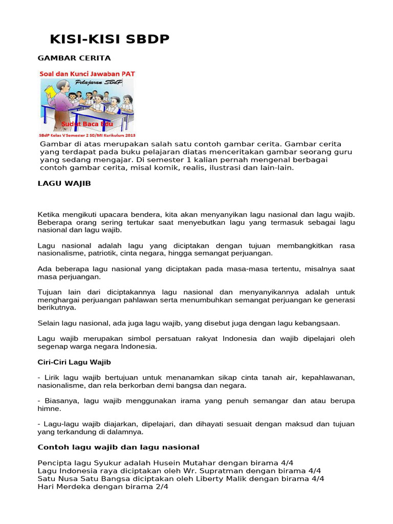 Kisi-Kisi Anak Kelas 5 SBDP | PDF