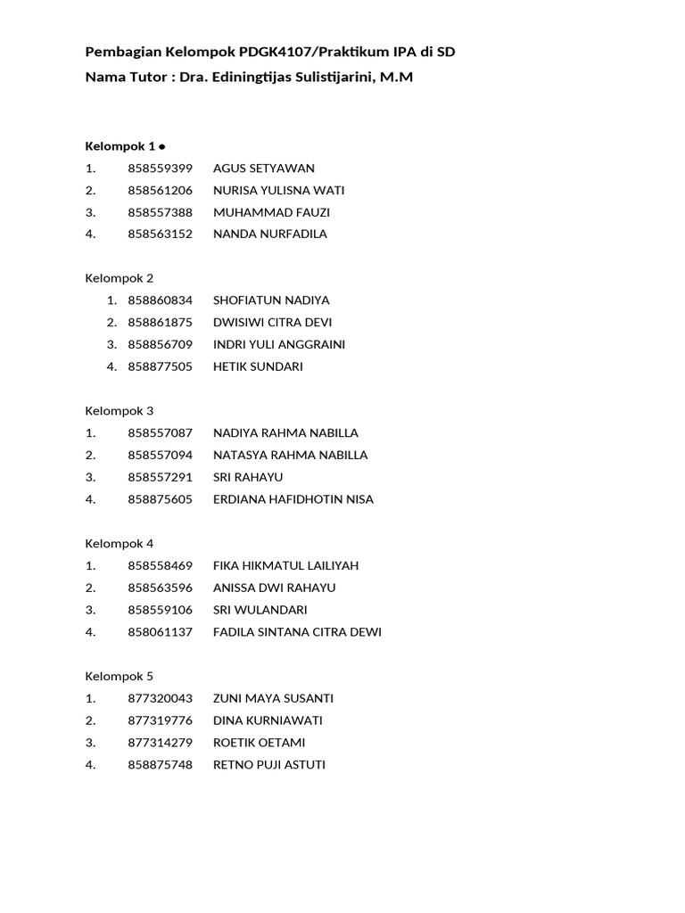 Pembagian Kelompok PDGK4107 - Praktikum IPA Di SD | PDF