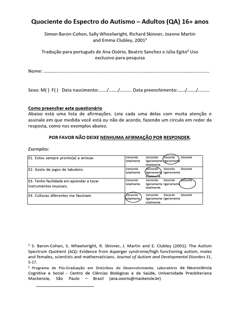 16 Anos + - AQ-10 - Quociente Do Espectro Do Autismo | PDF