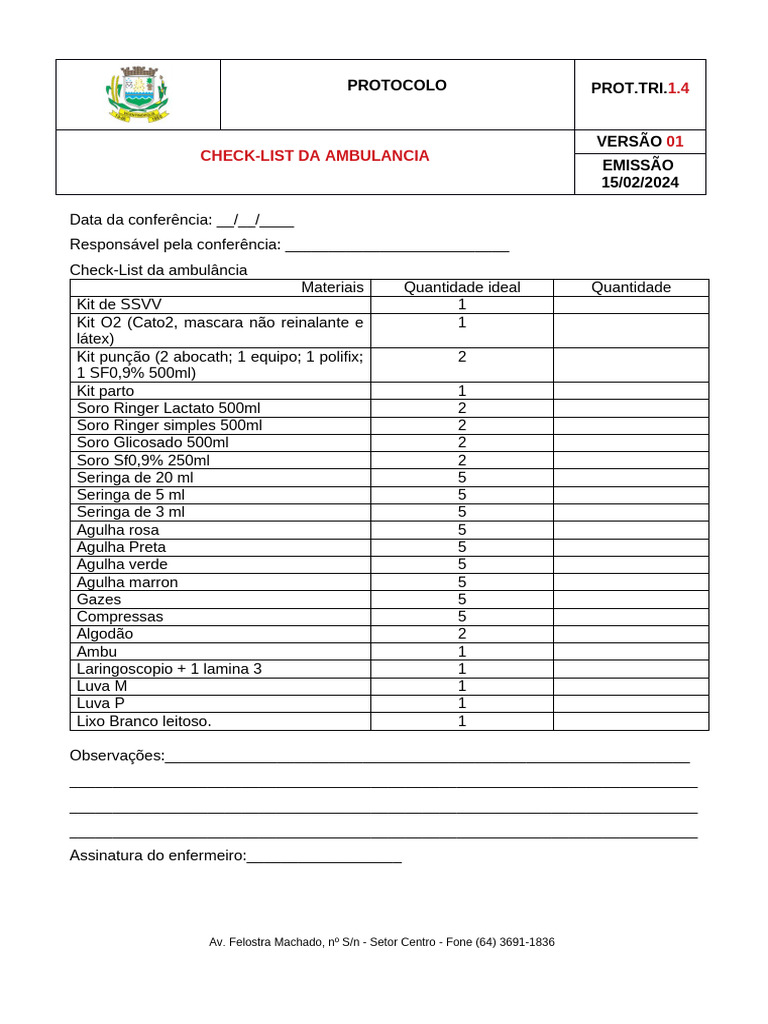 Checklist Do Carro de Emergencia | PDF