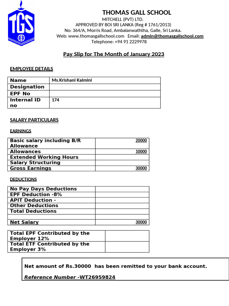 January 2023 Pay Slip for Ms. Kalmini | PDF