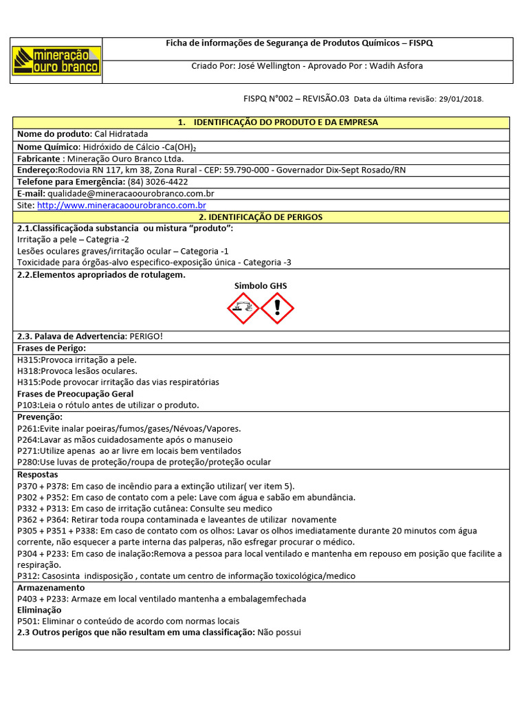 FISPQ Cal Hidratada: Segurança e Riscos | PDF | Combustão | Incêndios