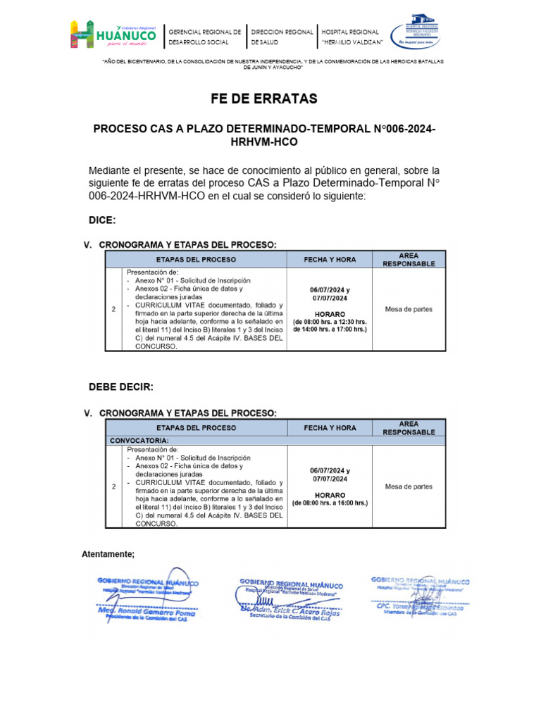 Fe de Erratas Proceso CAS 006-2024 | PDF